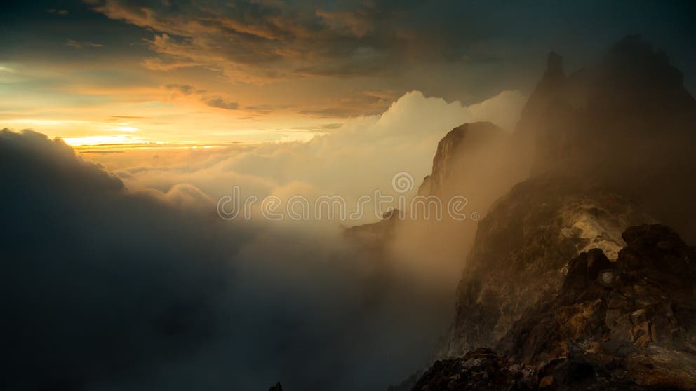 Sunset in the Mountains, Mount Merapi is the Most Active Volcano Stock ...