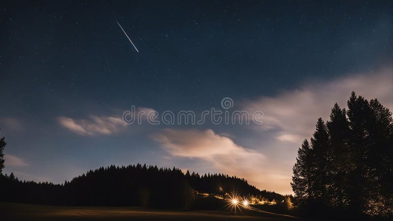 Sunset in the Mountains a Shooting Star Over a Field with Trees and a ...