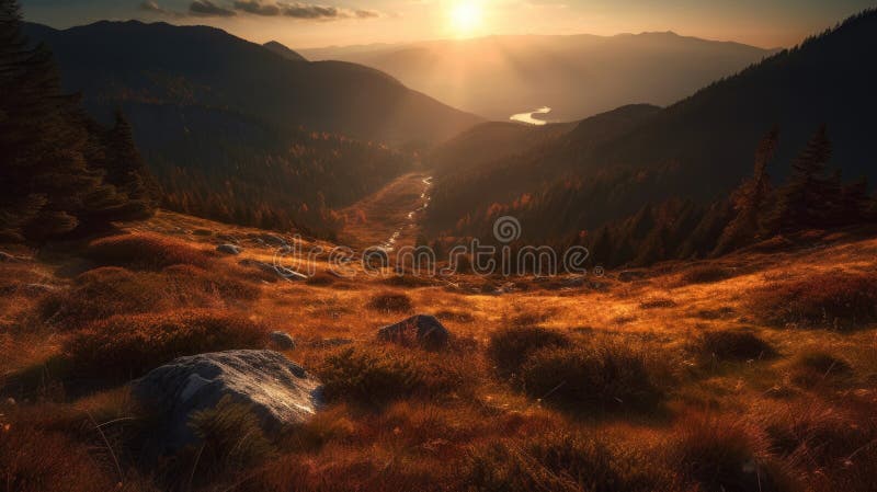 A Sunset in the Mountains with the Sun Setting Behind it Generative AI ...