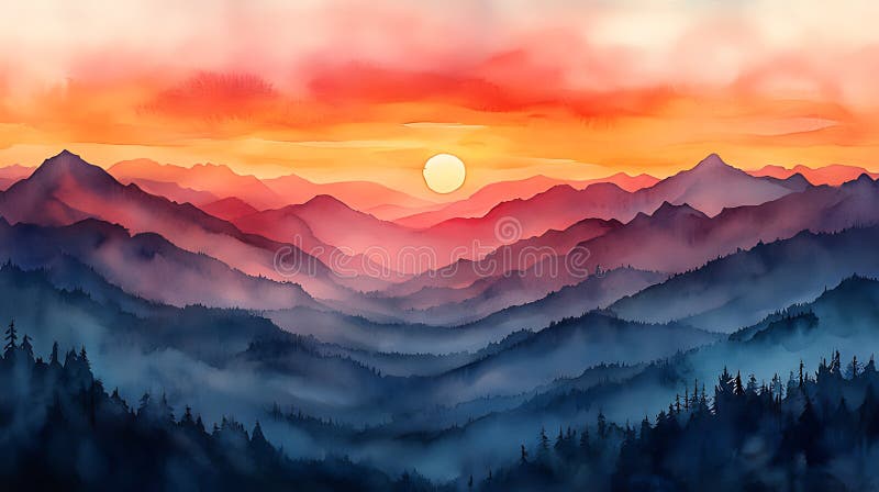 Sunset Mountainscape, Misty Valley, Fiery Sky, Digital Art, Nature ...