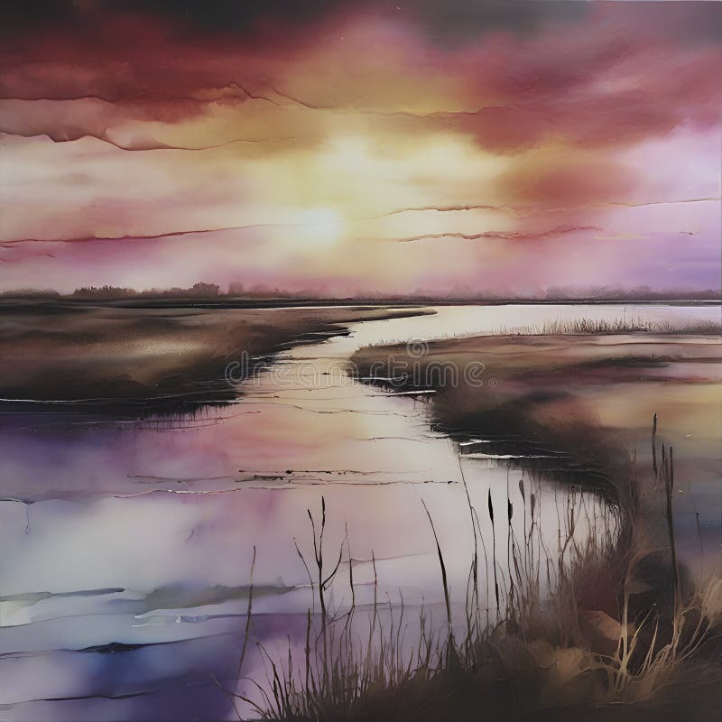 Sunset at the Mouth of the River. AI-Generated. Stock Illustration ...