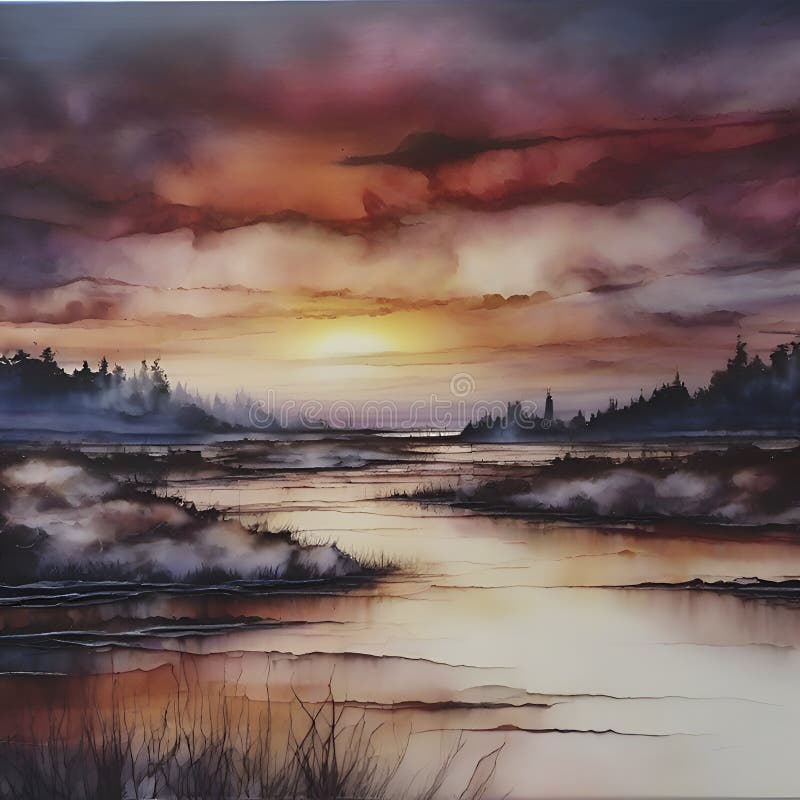 Sunset at the Mouth of the River. AI-Generated. Stock Illustration ...