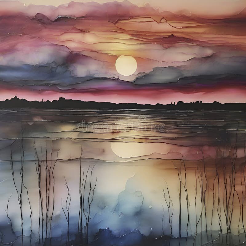 Sunset at the Mouth of the River. AI-Generated. Stock Illustration ...