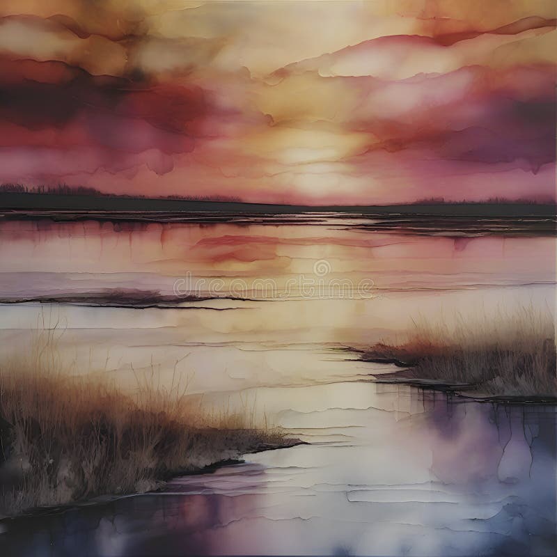 Sunset at the Mouth of the River. AI-Generated. Stock Illustration ...