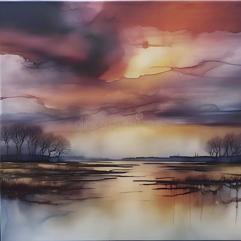 Sunset at the Mouth of the River. AI-Generated. Stock Illustration ...