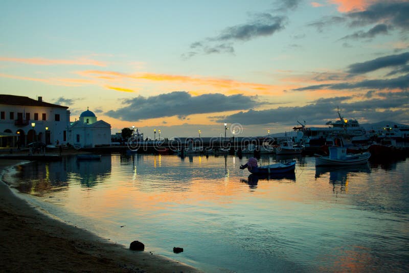 Sunset in Mykonos beach stock image. Image of vacation - 43662447