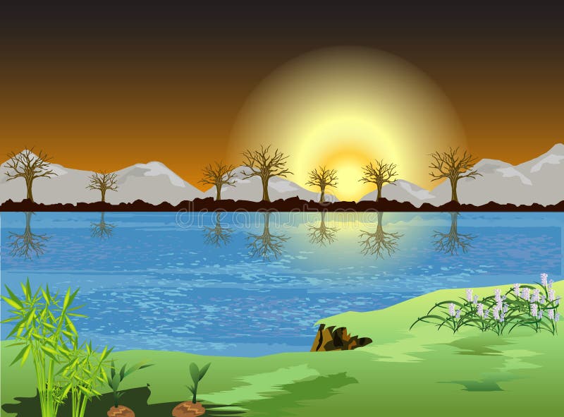 Cartoon pond with lotus stock vector. Illustration of leaf - 11059700