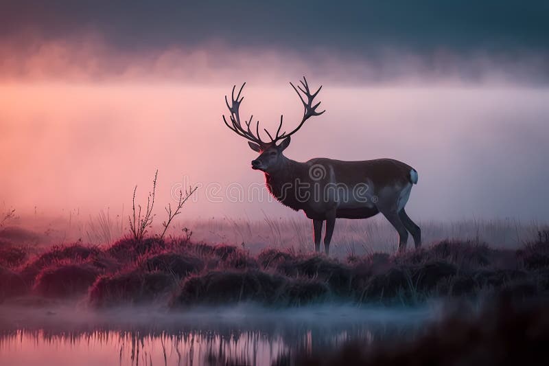 Sunset Nature Scene with Deer Standing Near Water. Stock Photo - Image ...