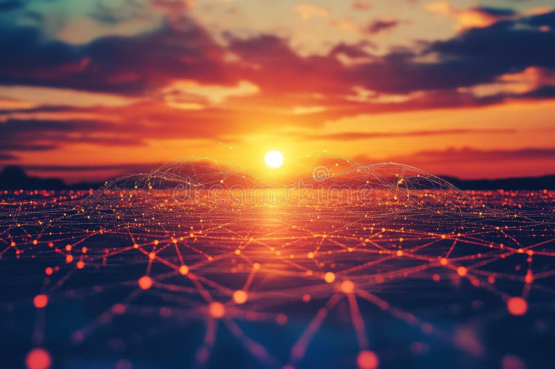 A Sunset with a Network of Lines in the Water Stock Illustration ...