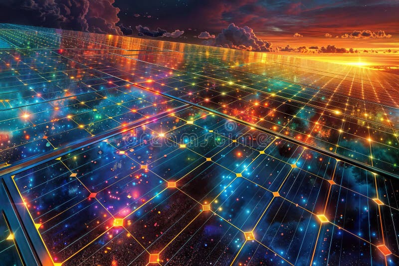 Sunset Network: Solar Panels in Futuristic Glow, Generative Ai Stock ...