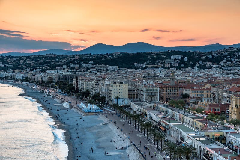 Sunset in Nice, France editorial photography. Image of beach - 178363402