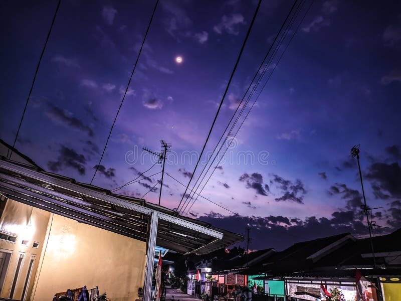 Sunset Night Moon Village City Stock Image - Image of moon, cloud ...