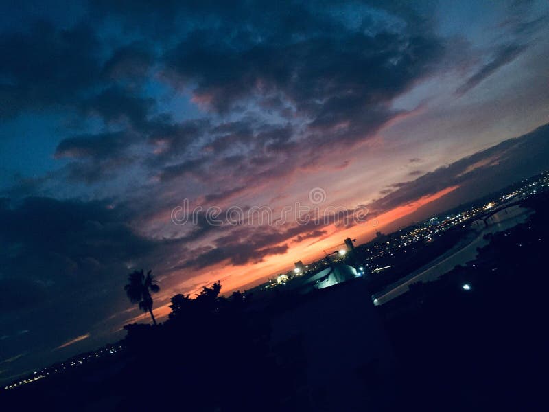 Sunset Night Sky Burning City Stock Photo - Image of sunset, city ...