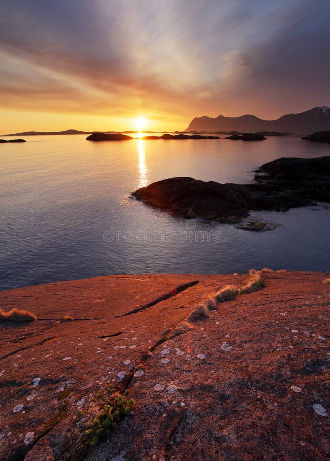 Sunset in Norwegian Coast,Senja Stock Image - Image of mountain ...