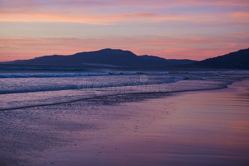 Sunset Ocean Beach of Spain Andalusia. Atlantic Ocean Waves Background ...