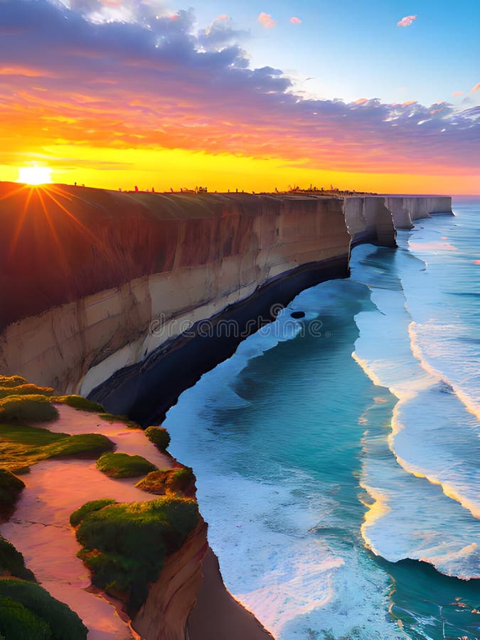 The Sunset at the Ocean and Cliff, Ai Generated Stock Illustration ...