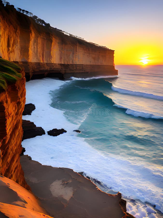 The Sunset at the Ocean and Cliff, Ai Generated Stock Illustration ...