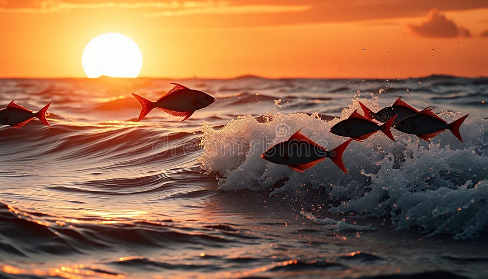 Sunset Ocean Scene Pixelated Creature Silhouettes with Fish at Sunset ...