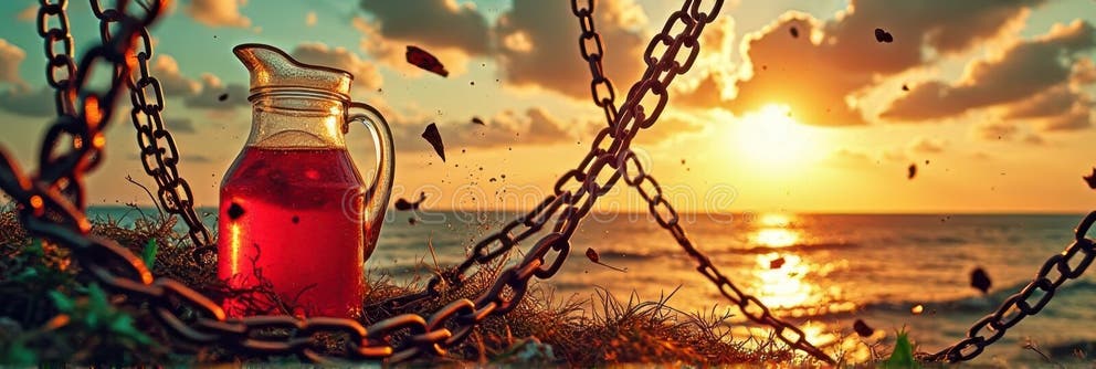 Sunset Ocean View with Chains and Glass Pitcher of Red Liquid on Grass ...