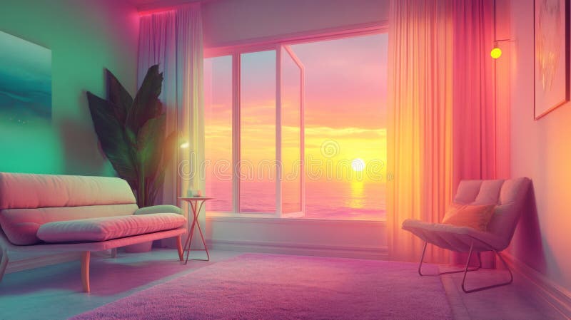 Sunset Ocean View Living Room Interior Design Stock Illustration ...