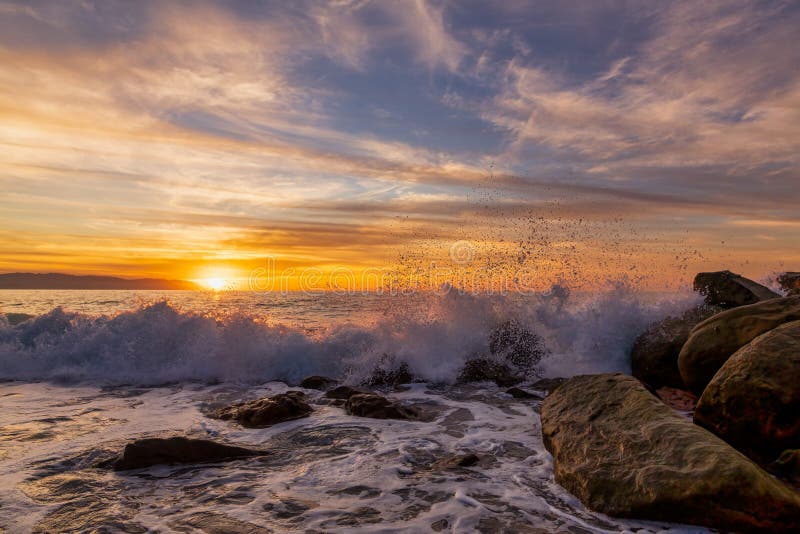Sunset Ocean Wave Breaking Rocks Stock Image - Image of inspiration ...