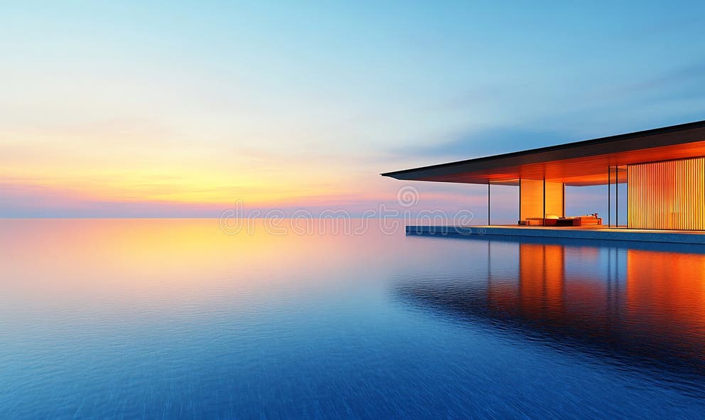 Sunset Oceanfront Modern House Stock Illustration - Illustration of ...