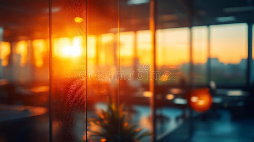 Sunset Office View, City Skyline, Warm Light, Modern Workspace Stock ...