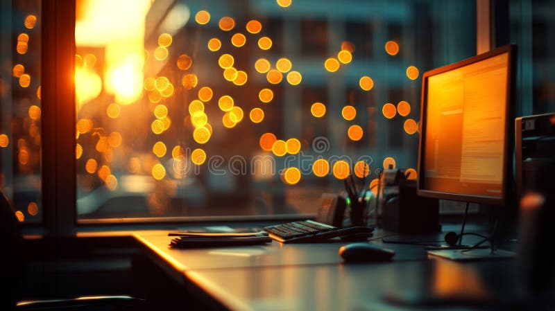 Sunset Office Workspace Computer Keyboard Mouse Stock Illustration - Illustration of technology ...