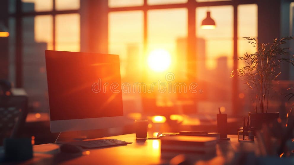 Sunset Office Workspace Computer Keyboard Plant Stock Illustration ...