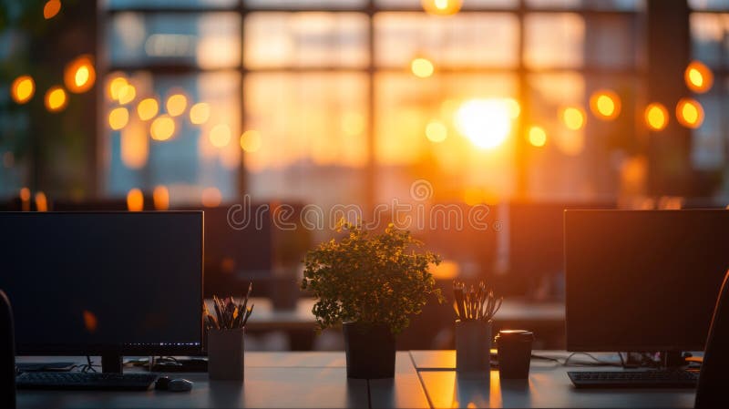 Sunset Office Workspace with Computers and Plants Stock Illustration ...