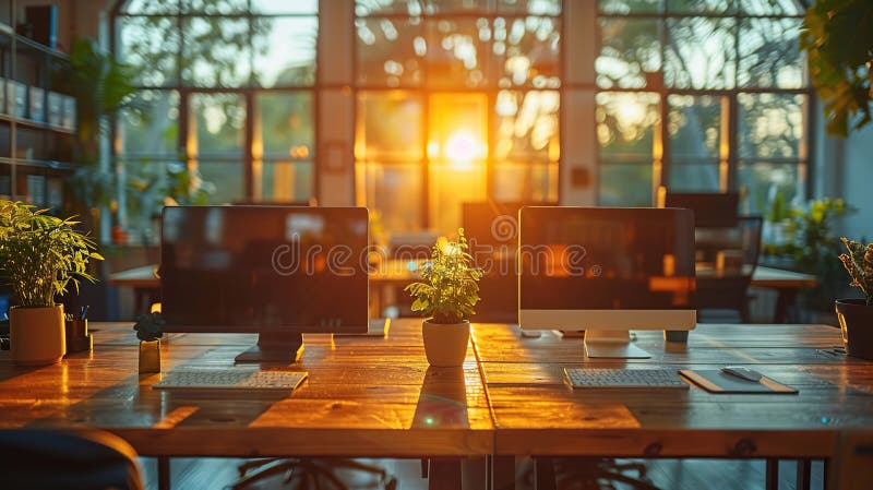 Sunset Office Workspace stock illustration. Illustration of light ...
