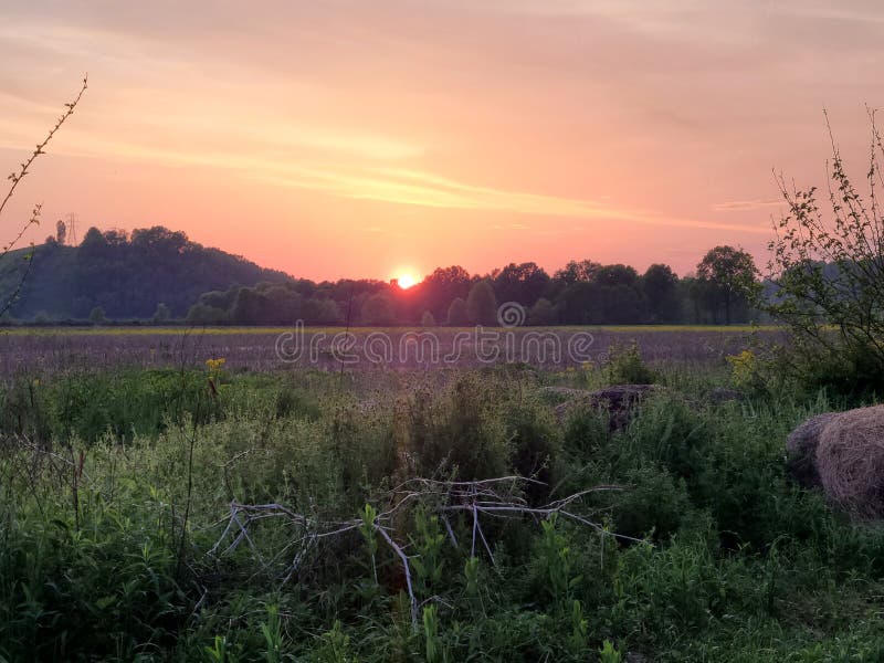 Sunset in Ohio stock image. Image of tree, hill, field - 258376097