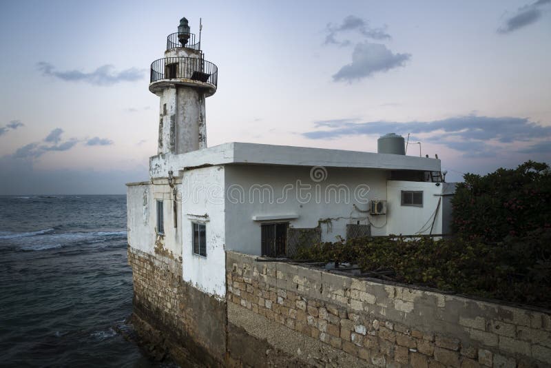 Sunset at Old Lighthouse in Tyre, Sour, Lebanon Stock Image - Image of ...