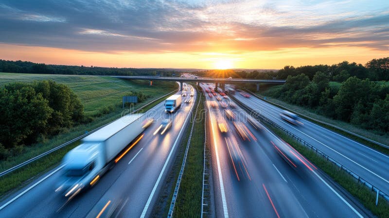 Sunset on the Open Road Interstate Overpass with Vehicles Stock ...