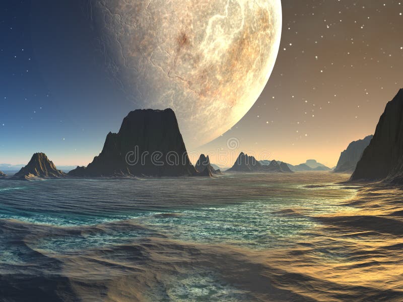 Sunset Over Alien Beach at Moonrise Stock Illustration - Illustration ...