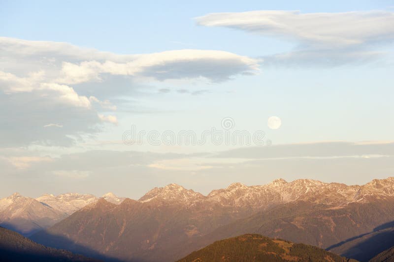 Sunset Over the Alps with Full Moon Stock Image - Image of alpine ...
