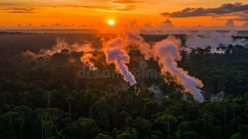 Sunset Over Amazon Rainforest with Mist Rising, Aerial View. Nature and ...