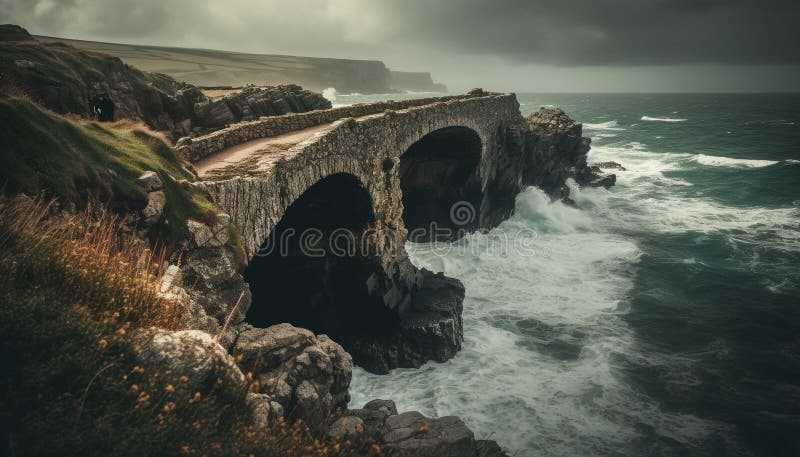 Sunset Over Ancient Bridge, Rugged Coastline, Crashing Waves, Rocky ...