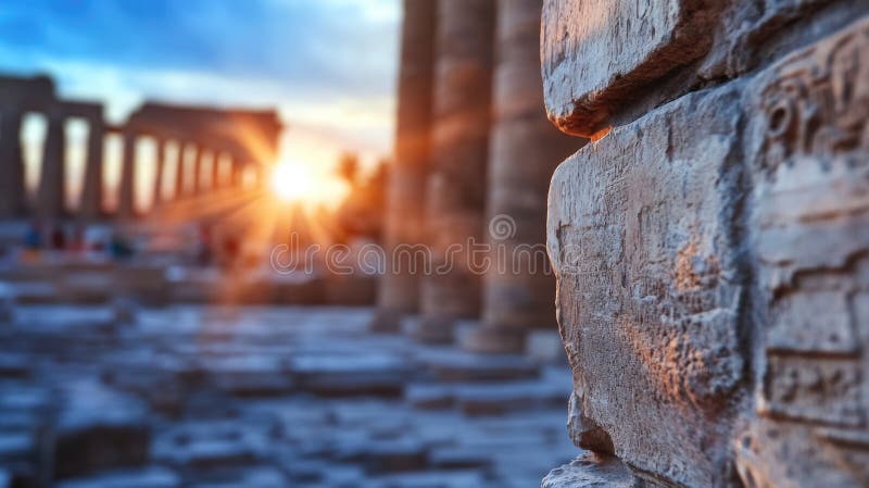 Sunset Over Ancient Egyptian Temple Ruins with Hieroglyphics and ...