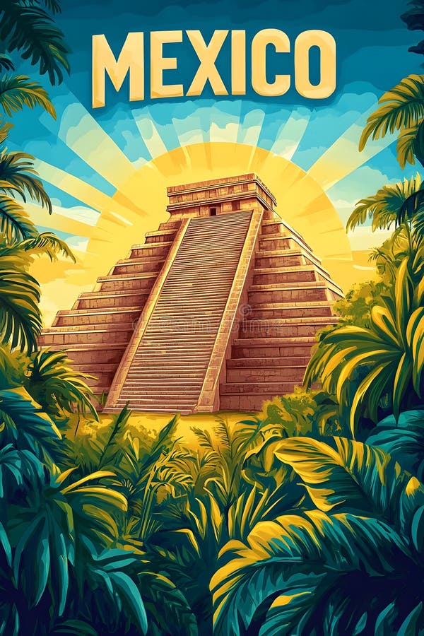 Sunset Over Ancient Mayan Pyramid in Mexico Jungle Stock Illustration ...