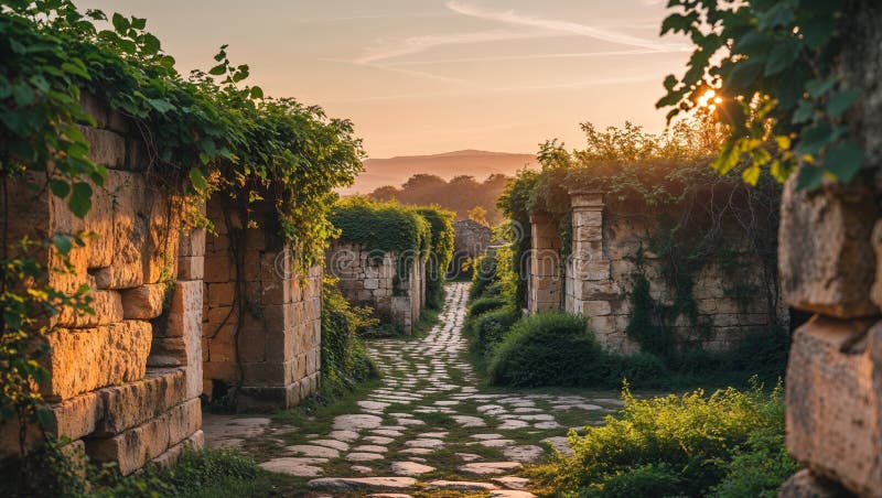 Sunset Over Ancient Stone Structures with Lush Greenery and Cobblestone ...