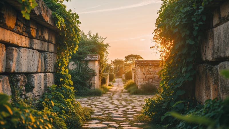 Sunset Over Ancient Stone Structures with Lush Greenery and Cobblestone ...