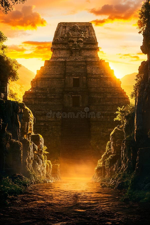 Sunset Over Ancient Temple Ruins in Dense Jungle Stock Illustration ...