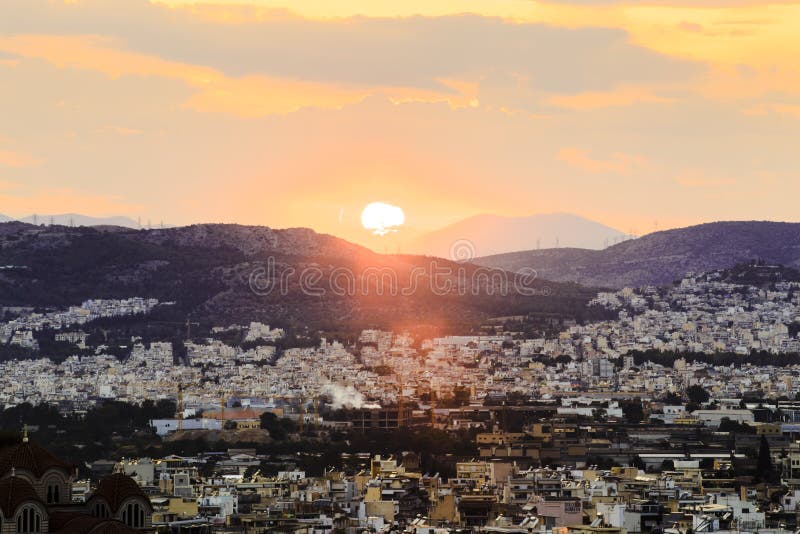 Sunset over Athens stock image. Image of greece, europe - 77669139