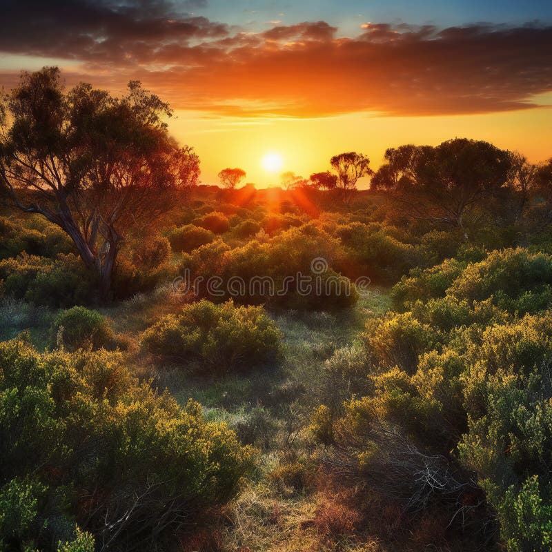 Sunset in the Australian Bushland, with Trees and Bushes Stock ...