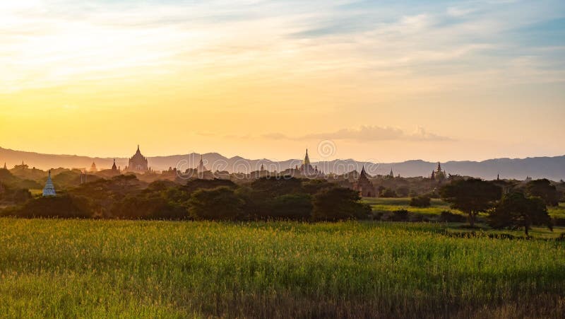 Sunset Over the Bagan Region in Myanmar with the View of Temples. Stock ...