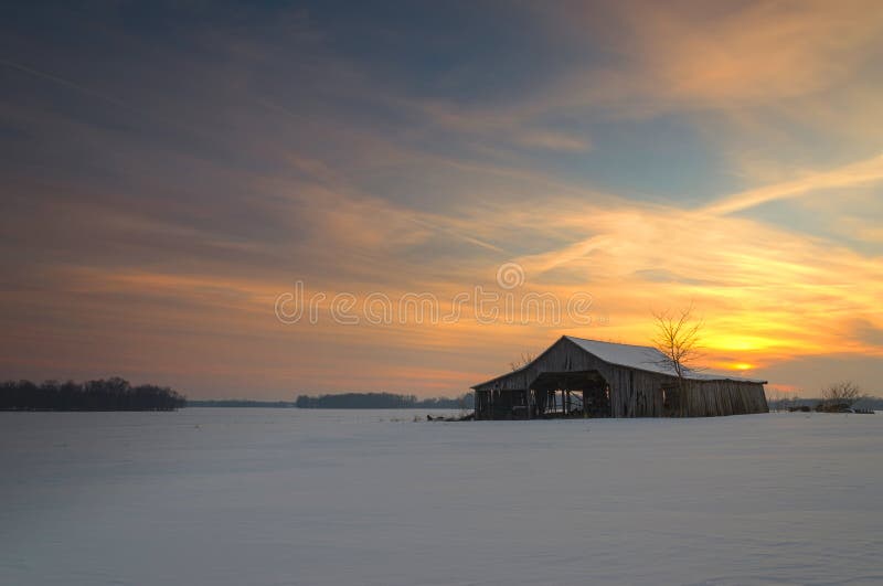 Sunset over a Barn stock image. Image of trees, winter - 53098189
