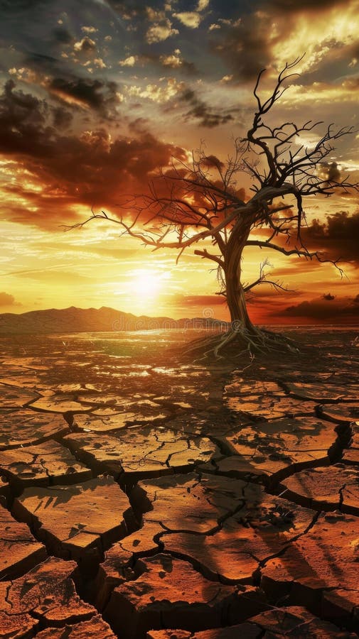 Sunset Over a Barren, Cracked Landscape with a Lone Dead Tree, Dramatic ...