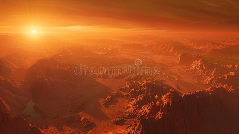 Sunset Over a Barren Desert Landscape, Panoramic View. Mars-like ...