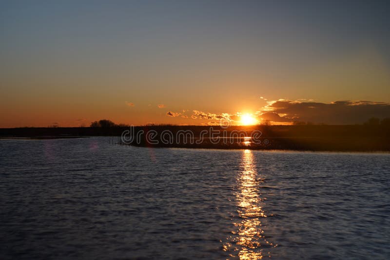 Sunset Over Biebrza River, Spring Landscape with River, Sun Stock Photo ...
